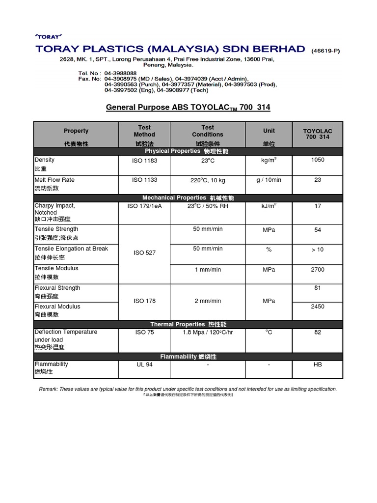 General Purpose ABS TOYOLAC 700 314: Toyolac 700 314 试验法 试验条件 单位 ...
