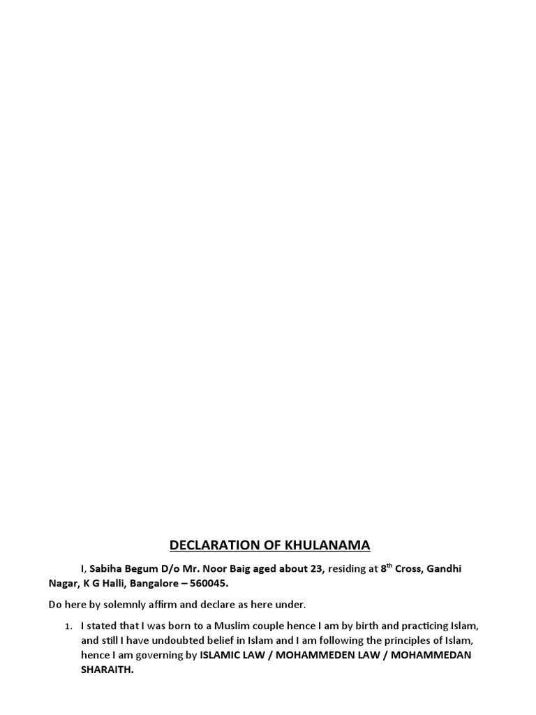 DECLARATION OF KHULANAMA - Sabiha Begum and Mr. Irfan Khan | PDF | Marriage | Social Institutions