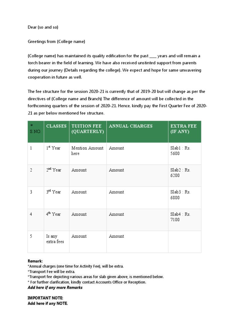 CIRCULAR FOR PARENTS - FEE Declaration Format | PDF
