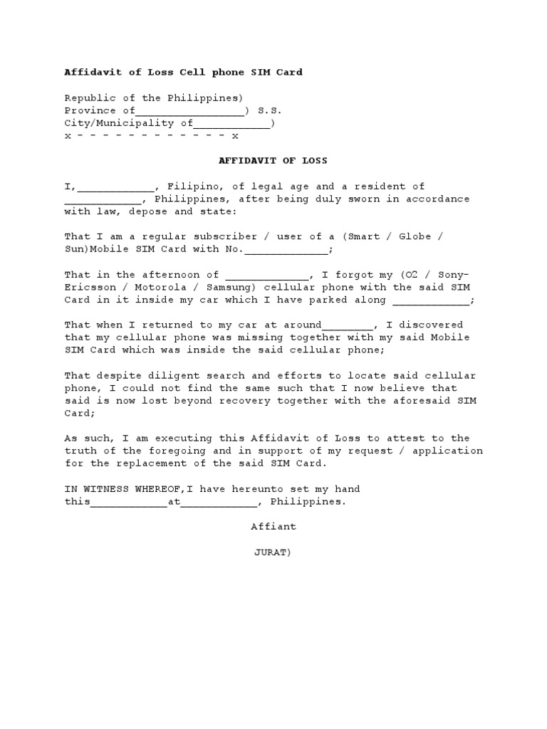 Affidavit of Loss Cell Phone SIM Card | PDF