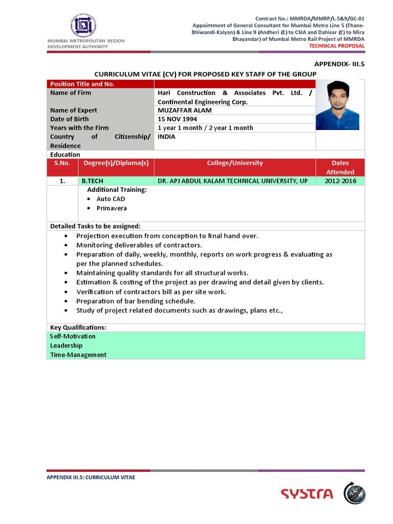 Appendix-Iii.5 Curriculum Vitae (CV) For Proposed Key Staff of The ...