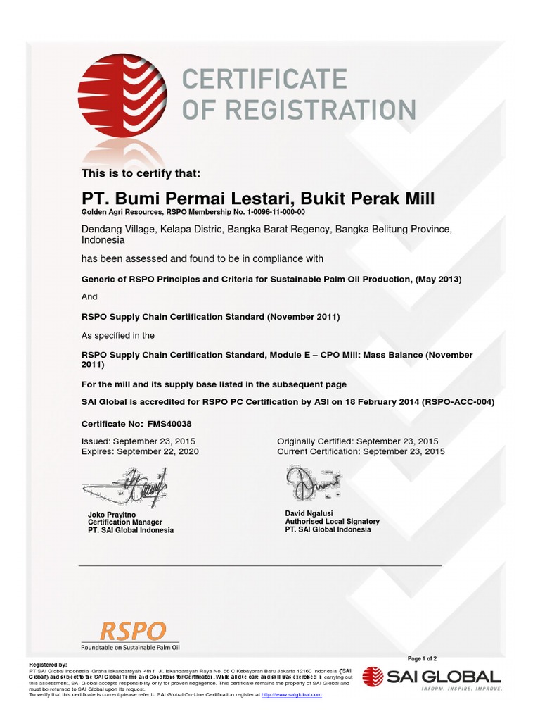 RSPO Certification for Bukit Perak Mill | PDF | Business