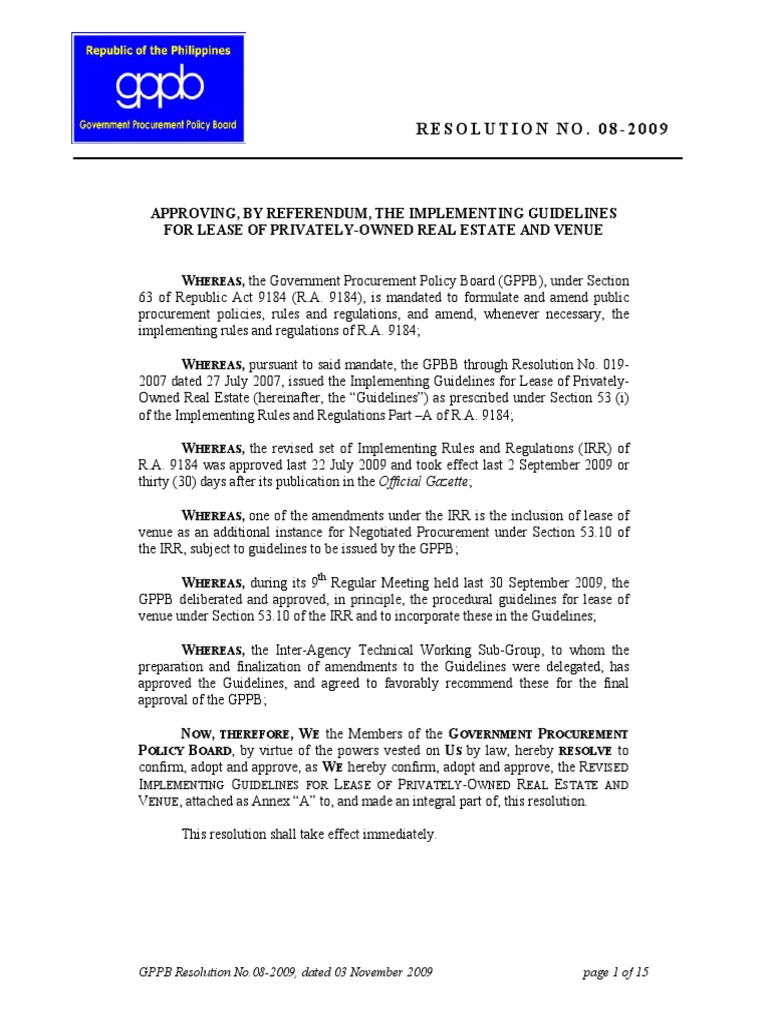 GPPB Reso 08-2009 - Implementing Guidelines For Lease of Privately ...
