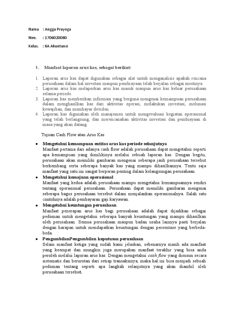 Manfaat Laporan Arus Kas, Sebagai Berikut:: Nama: Angga Prayoga Nim ...
