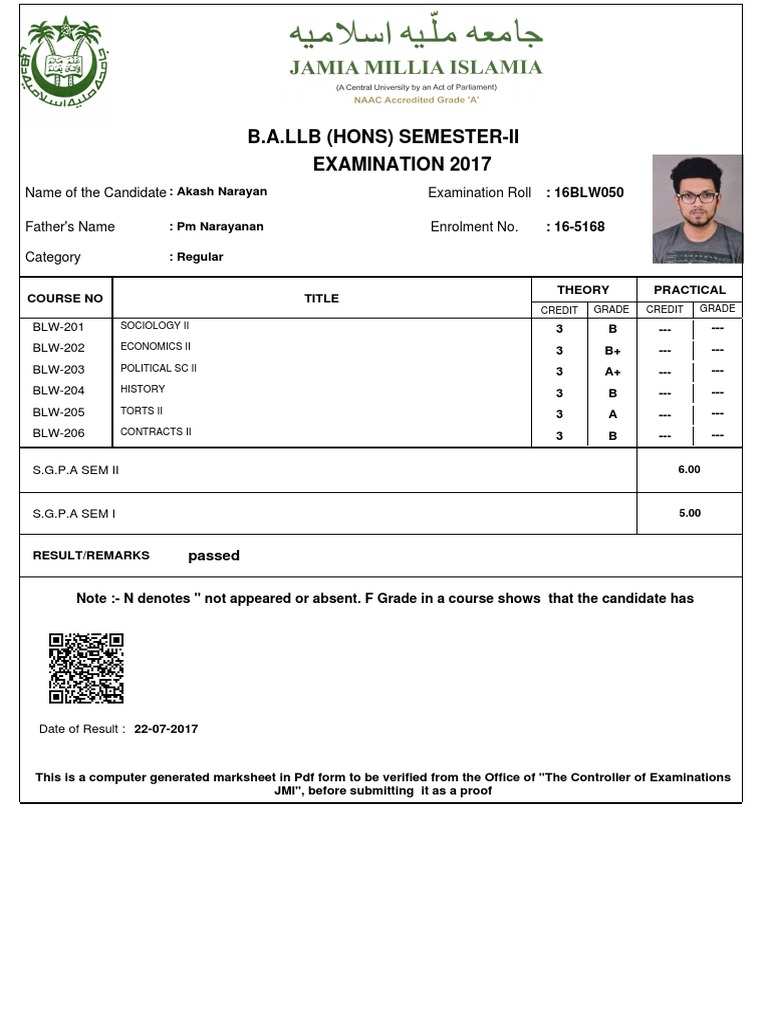 Akash Narayan's Second Semester Marksheet for B.A.LLB (Hons) Degree Examination from Jamia ...
