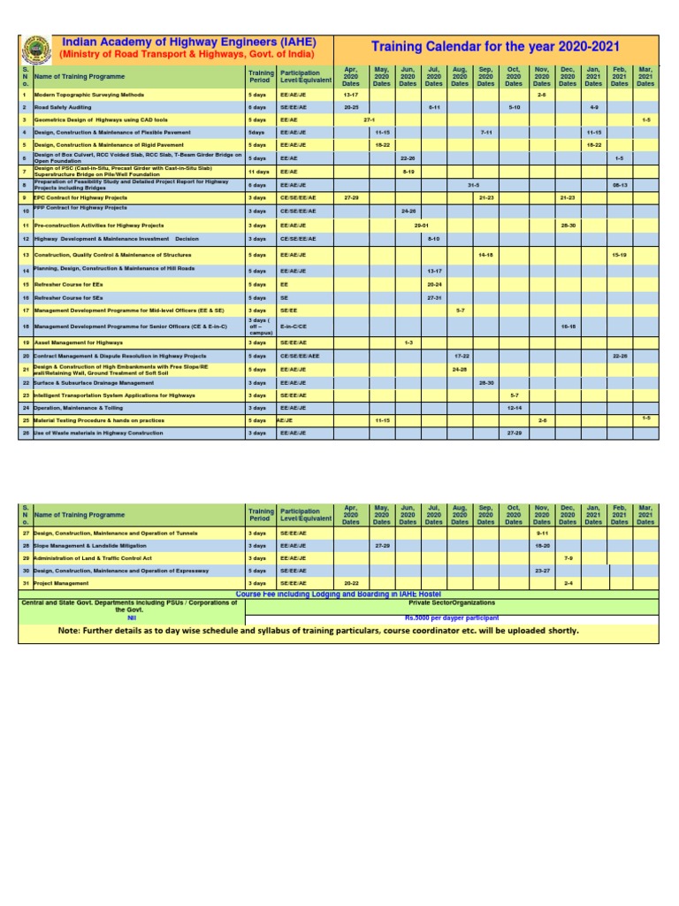 Training Calendar 2020-21 PDF | PDF | Road | Infrastructure