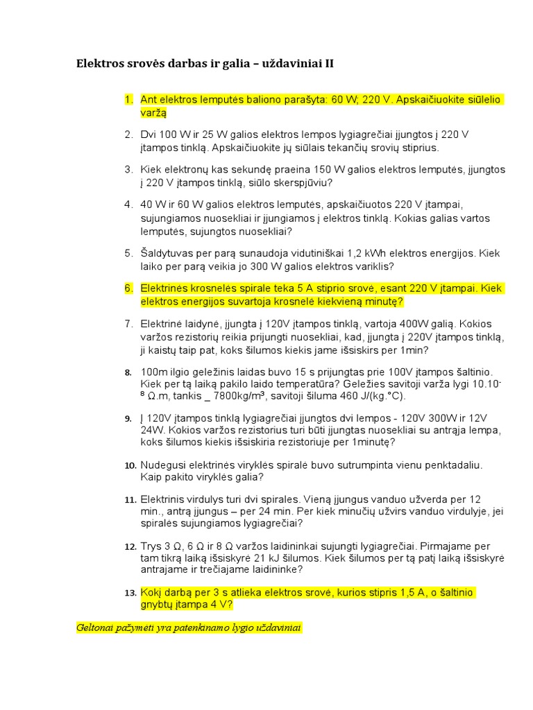 Elektros Sroves Darbas Ir Galia Uzdaviniai II | PDF