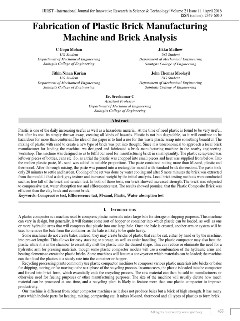 Fabrication of Plastic Brick Manufacturing Machine and Brick Analysis ...
