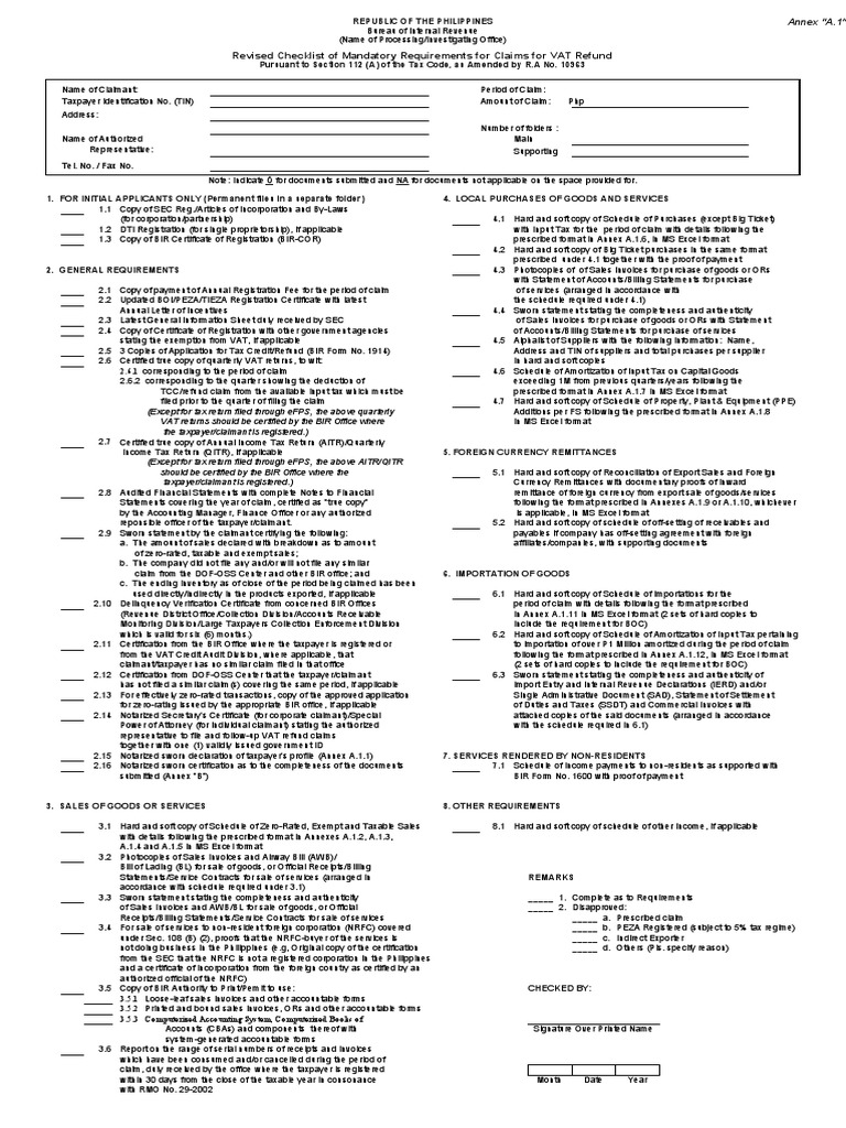 Annex A.1 - Checklist Per Sec 112A | PDF | Value Added Tax | Invoice