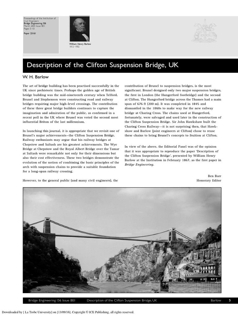 Description of The Clifton Suspension Bridge, UK: W. H. Barlow | PDF ...