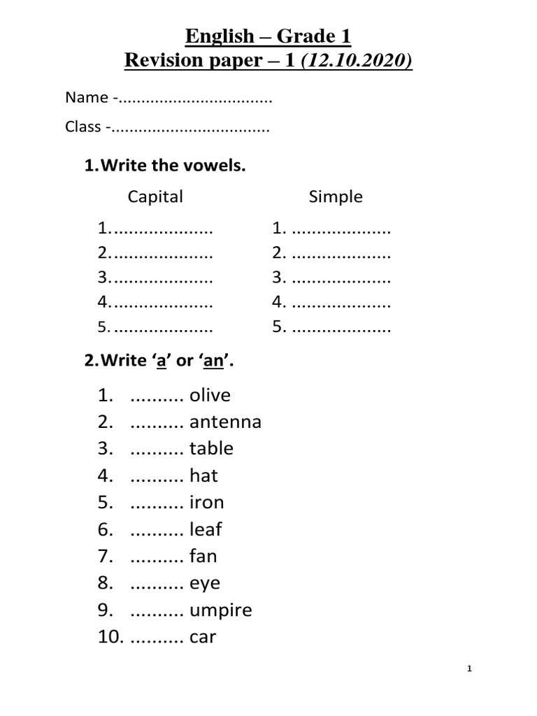 English - Grade 1 Revision Paper - 1 (12.10.2020) : 1. Write The Vowels ...
