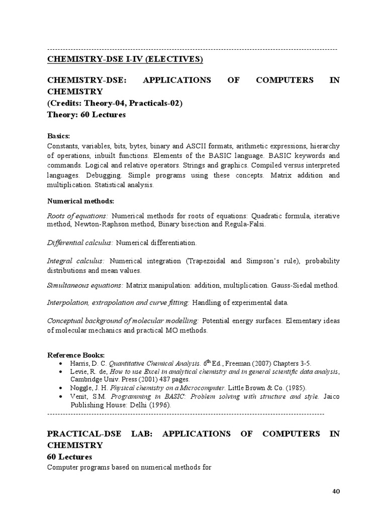 Chemistry-Dse I-Iv (Electives) Chemistry-Dse: Applications OF Computers ...