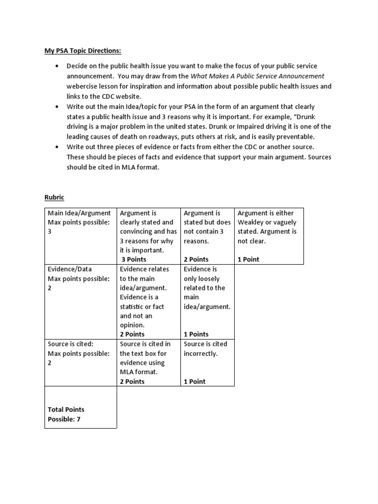 Main Idea Directions and Rubric | PDF