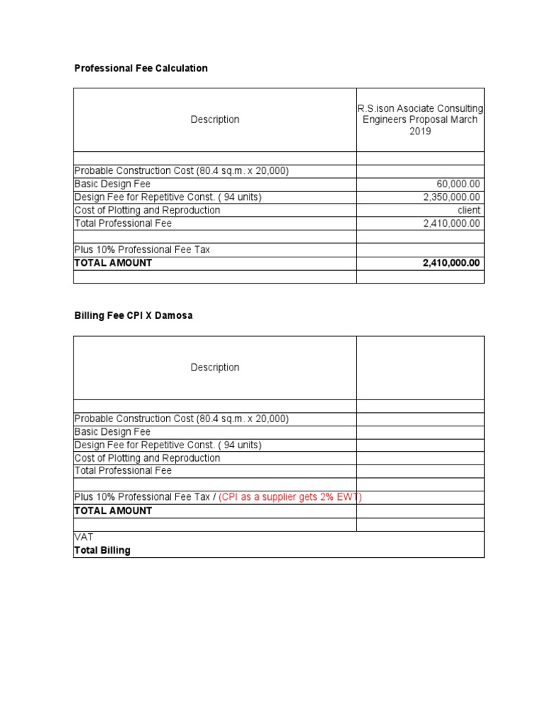 Professional Fee Calculation: (CPI As A Supplier Gets 2% EWT ...