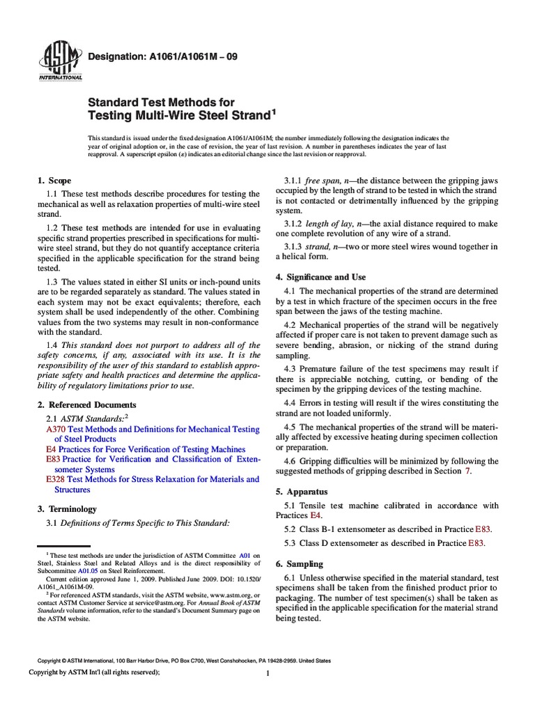 ASTM A1061 A1061M-09 - Testing Multi Wire Steel Strand PDF | PDF ...