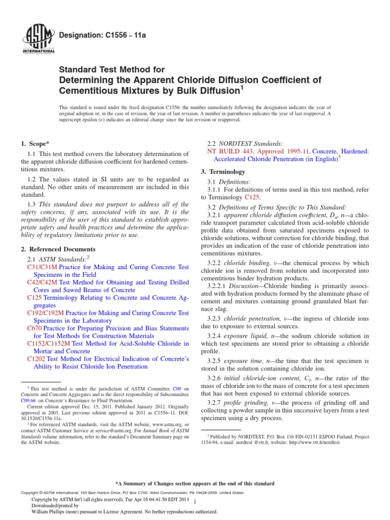 ASTM C1556-11a - Determining Apparent Chloride Diffusion Coefficient by Bulk Diffusion PDF | PDF ...