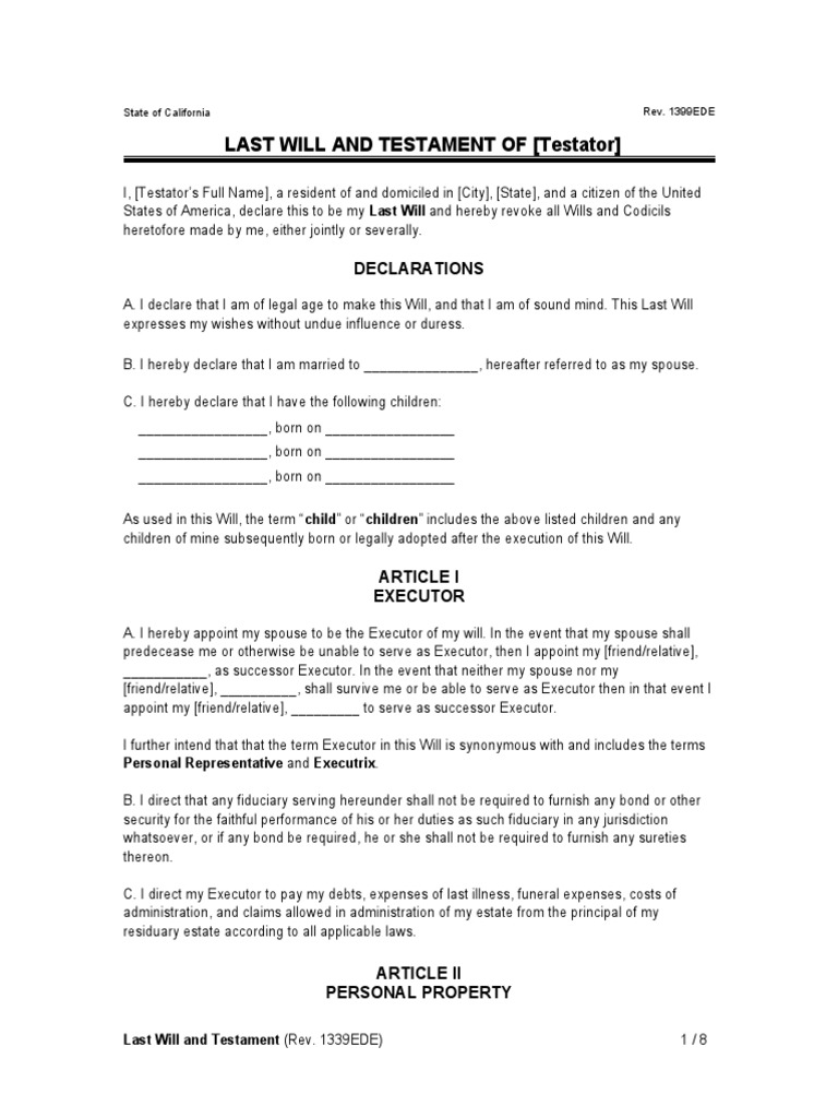 Last Will and Testament of (Testator) : Declarations | PDF | Will And ...