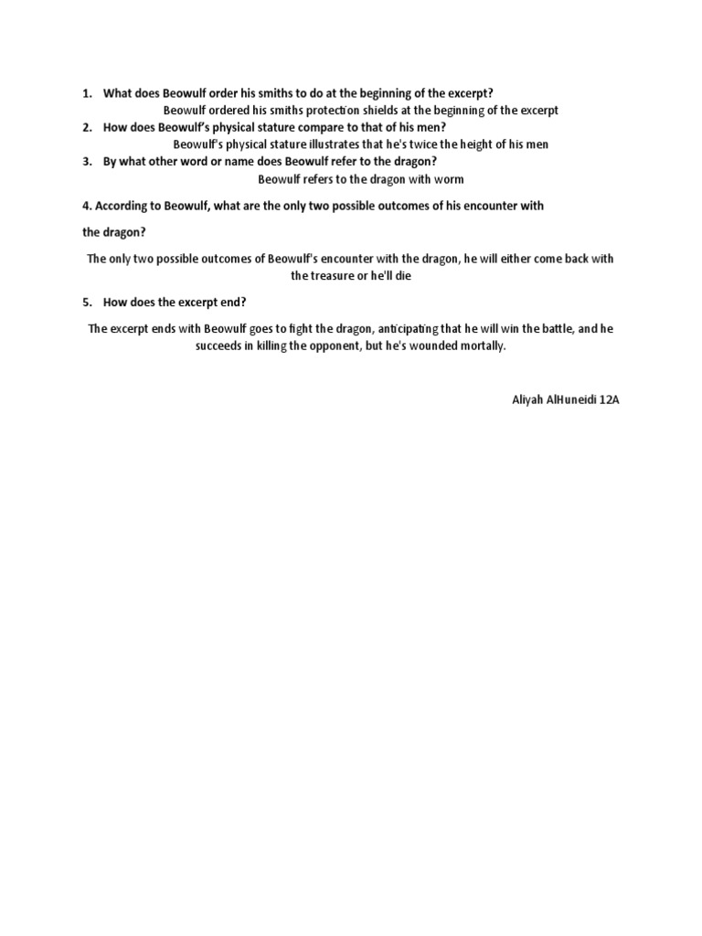 Beowulf Graphic Novel Answer Key | PDF