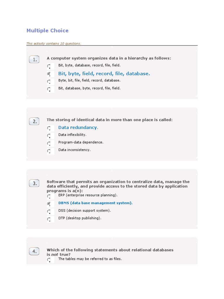 Multiple Choice Bit Byte Field Record File Database Pdf Mainframe Computer Databases