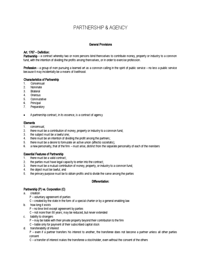 PARTNERSHIP Summary | PDF | Partnership | Law Of Agency