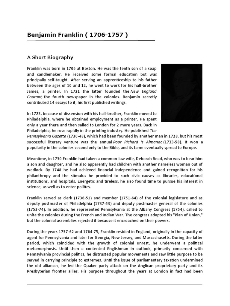 Benjamin Franklin: A Brief Biography | PDF | Benjamin Franklin ...