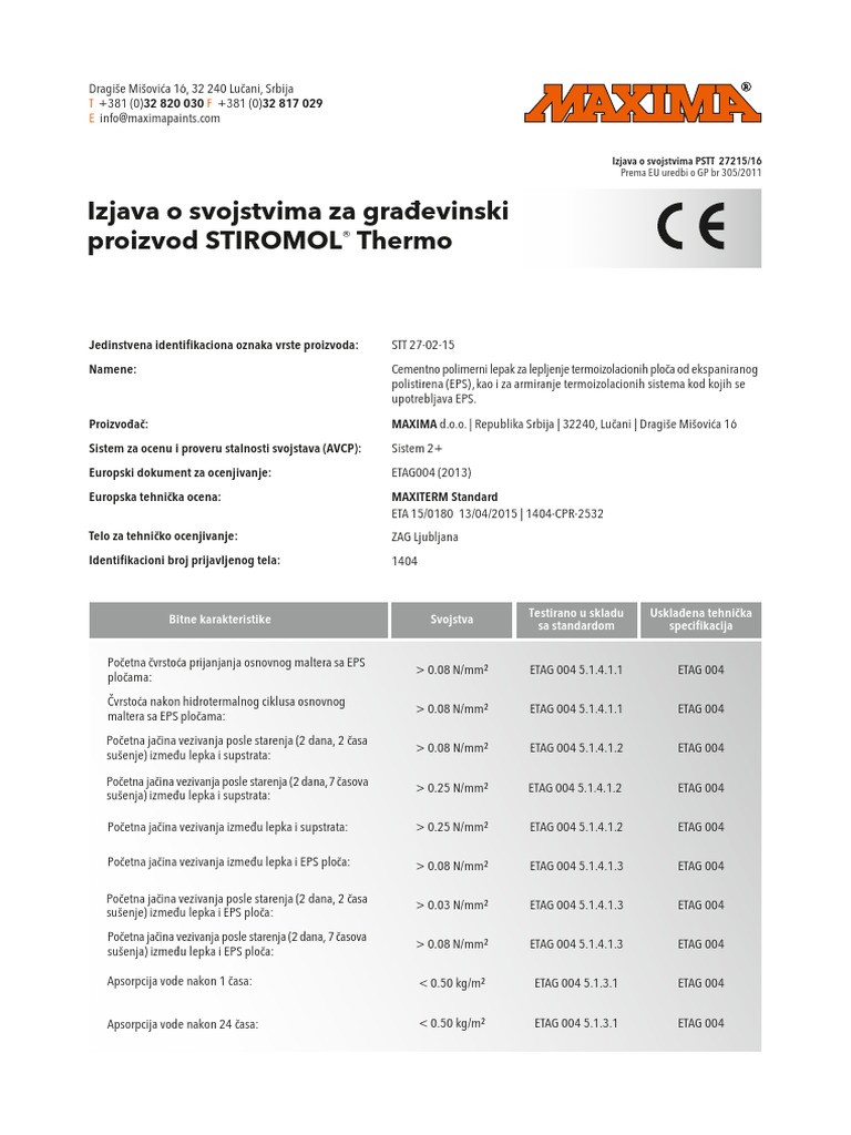 Stiromol Thermo Izjava o Svojstvima SRB | PDF