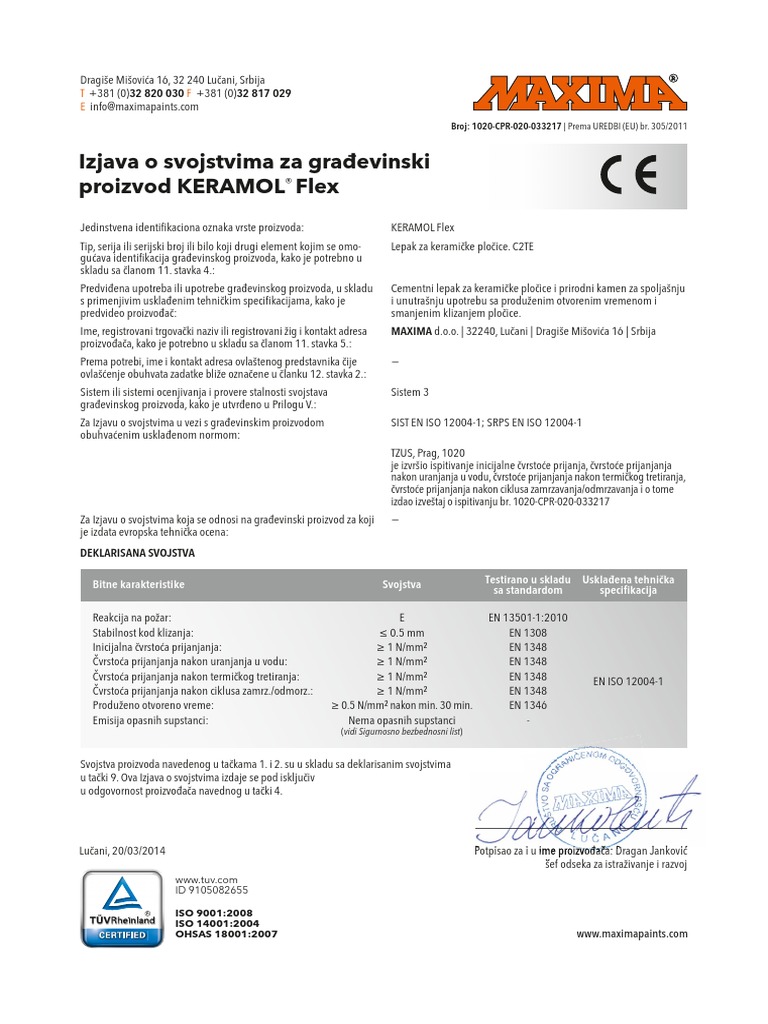 Keramol Flex Izjava o Svojstvima SRB | PDF