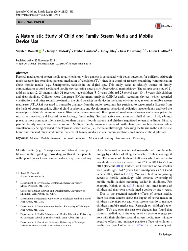 A Naturalistic Study of Child and Family Screen Media and Mobile Device ...
