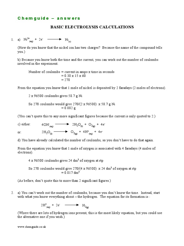 Basic Electrolysis Calculations: Chemguide - Answers | PDF | Physical ...