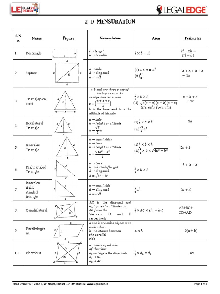 Mensuration 2D and 3D Formula | PDF | Area | Triangle Mensuration 2D and 3D Formula | PDF | Area | Triangle