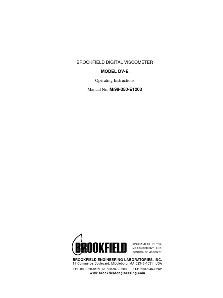 Brookfield Digital Viscometer: Operating Instructions Manual No | PDF | Rheology | Viscosity