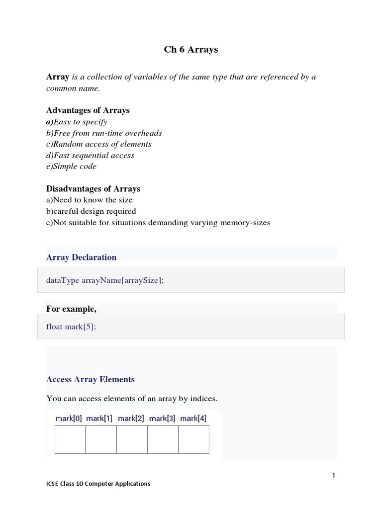 CH 6 Arrays: Array Is A Collection of Variables of The Same Type That Are Referenced by A | PDF ...