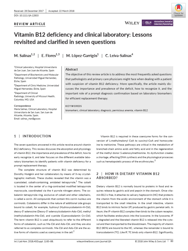 Vitamin B12 Deficiency and Clinical Laboratory: Lessons Revisited and ...