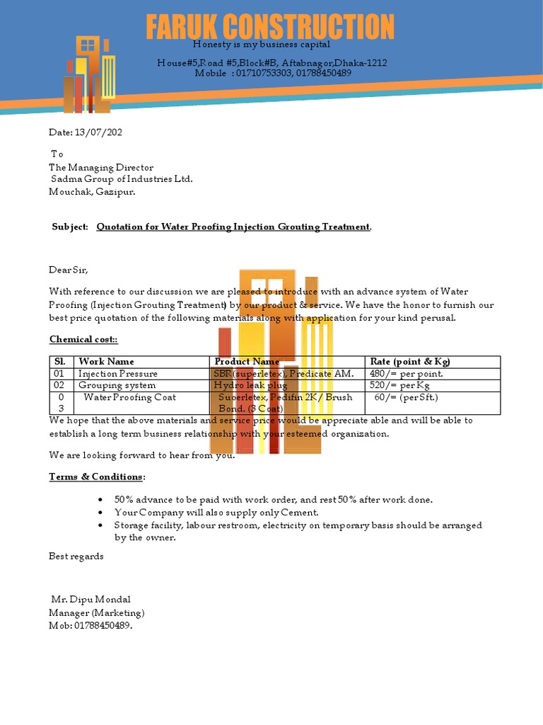 Quotation for Waterproofing Injection Grouting | PDF