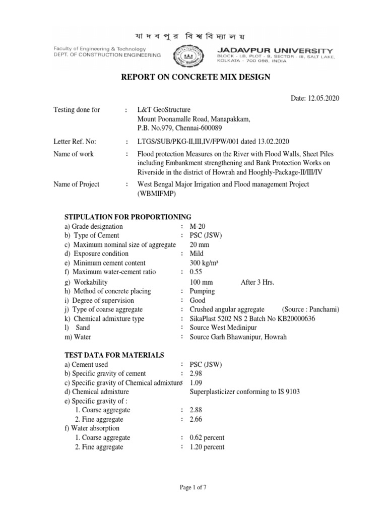 Mix Design - New Code Format 2019 - M-20 - JSW - 15.05.2020 | PDF ...