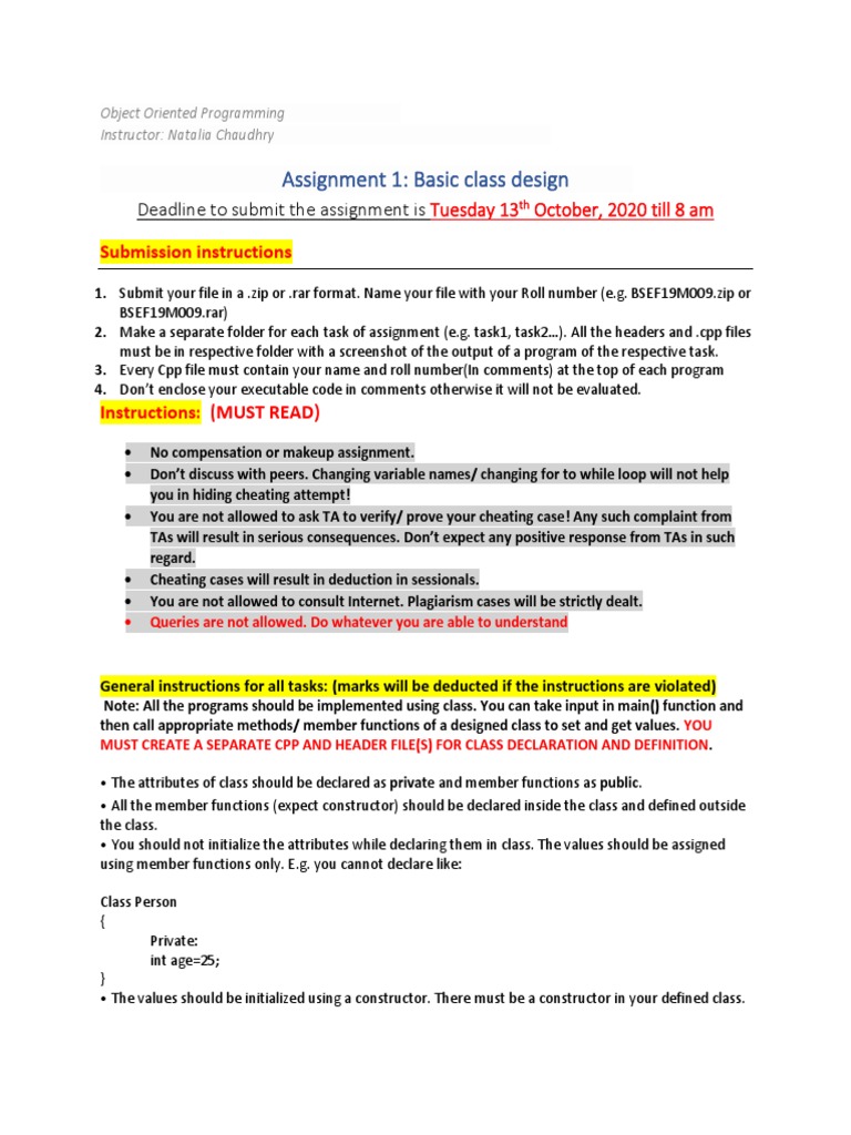 Assignment 1: Basic Class Design: Deadline To Submit The Assignment Is | PDF | Method (Computer ...