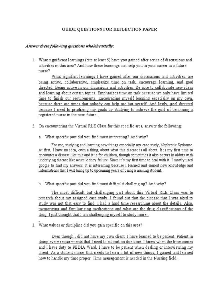 Guide Questions For Reflection Paper | PDF | Nursing | Goal