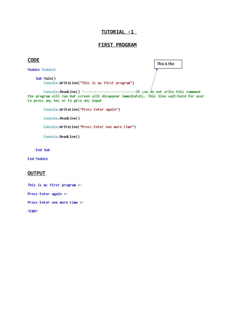 Tutorial - 1 First Program Code: Main .Writeline .Readline | PDF | Data ...