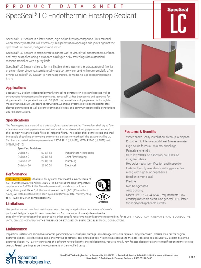 Specseal LC Endothermic Firestop Sealant: Applications | PDF ...