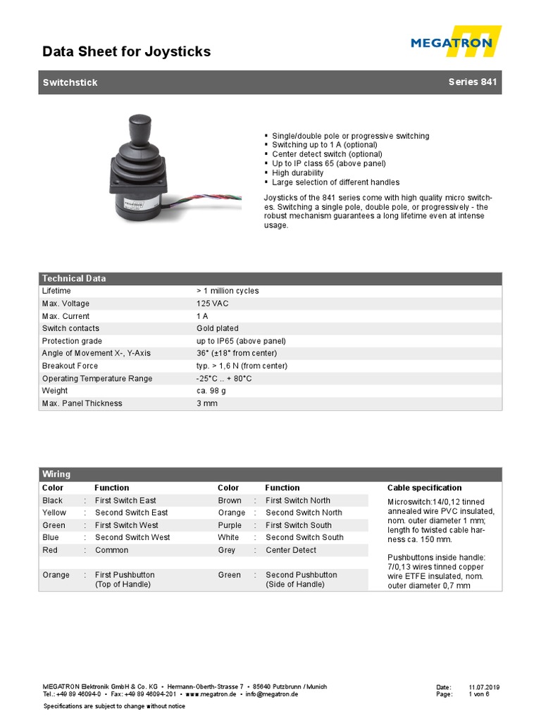 Data Sheet For Joysticks: Switchstick Series 841 | PDF | Switch ...