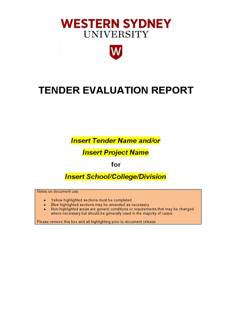 Tender Evaluation Report: Insert Tender Name And/or Insert Project Name ...