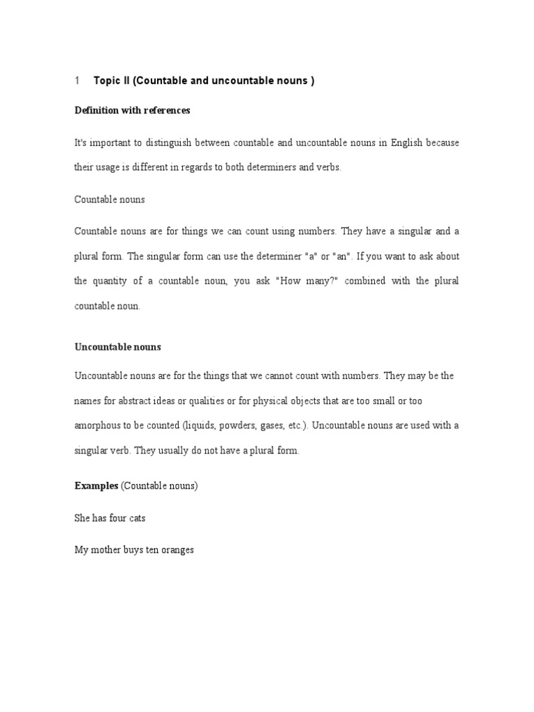 Topic II (Countable and Uncountable Nouns) Definition With References | PDF