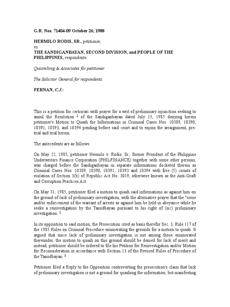 Rodis vs. Sandiganbayan: Motion to Quash | PDF | Criminal Procedure In ...