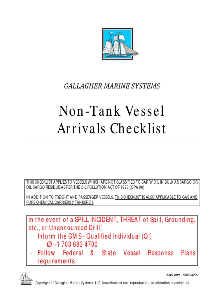 Non-Tank Vessel Arrivals Checklist: Gallagher Marine Systems | PDF | U ...