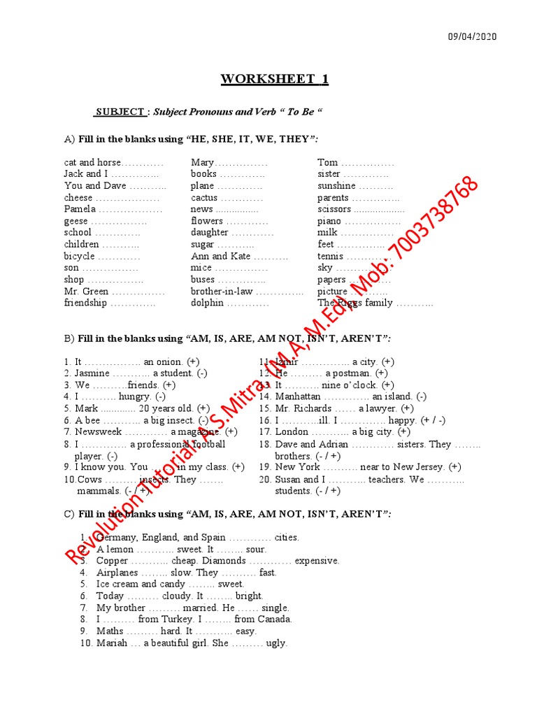 Worksheet 1: Subject: Subject Pronouns and Verb " To Be " | PDF