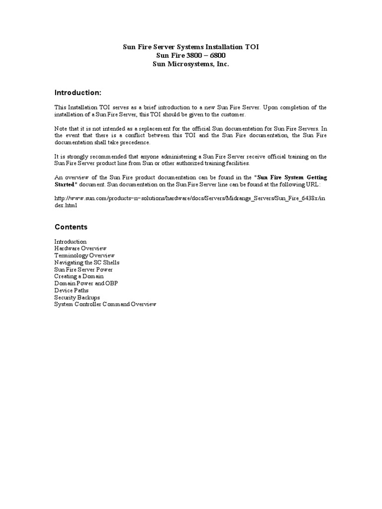 Sun Fire Server Systems Installation TOI Sun Fire 3800 6800 Sun ...