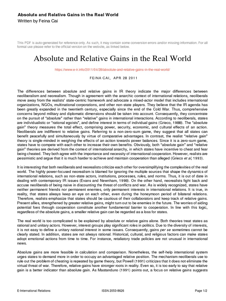 Absolute and Relative Gains in The Real World: Written by Feina Cai ...