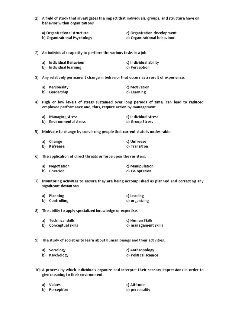 MCQ Paper OB | PDF | Leadership | Motivation