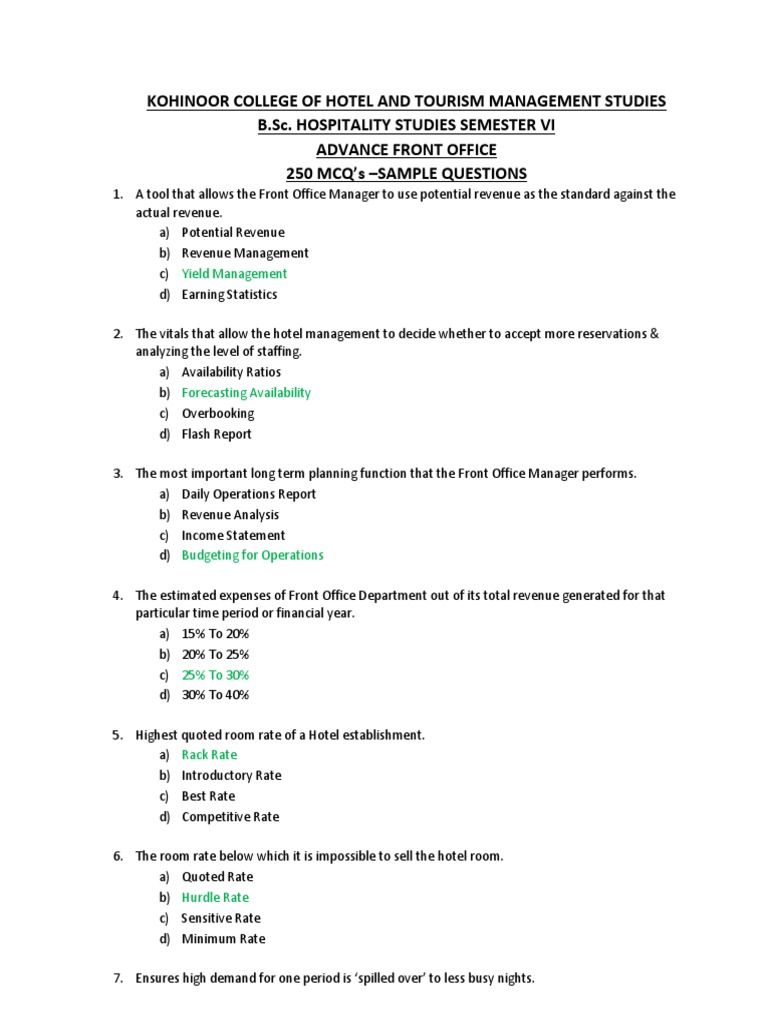 250 MCQ Front Office Sem VI (NEW | PDF | Travel Visa | Passport