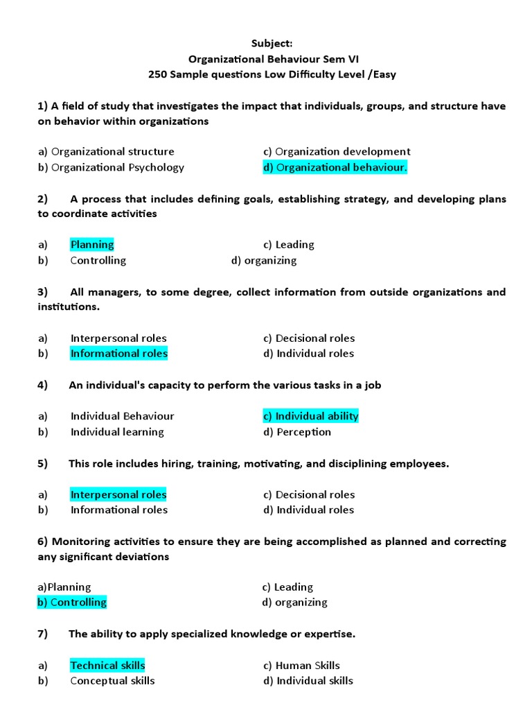MCQ 250 Paper OB | PDF | Organizational Behavior | Leadership